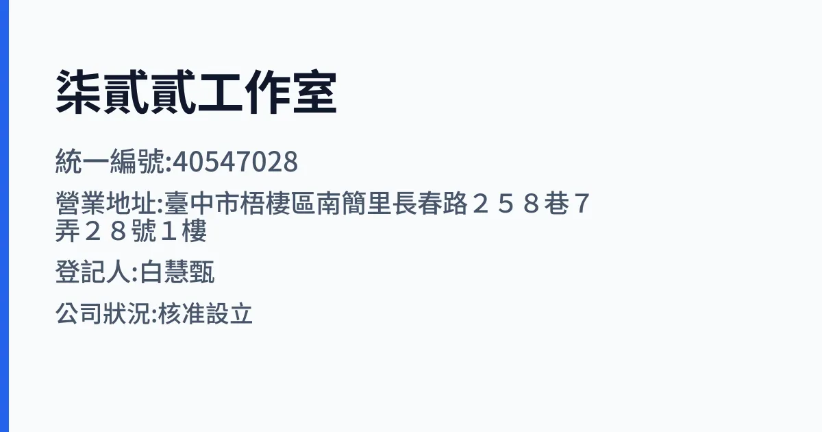 柒貳貳工作室 - 統編 40547028（臺中市） 公司登記資料與營業項目詳細圖表