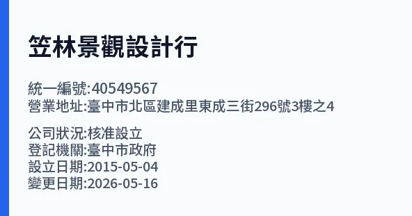 笠林景觀設計行的照片-統編 40549567(臺中市) 公司登記資料與營業項目詳細圖表