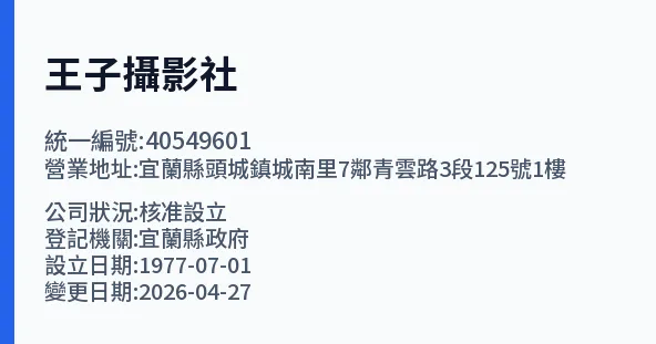 王子攝影社的照片-統編 40549601(宜蘭縣) 公司登記資料與營業項目詳細圖表