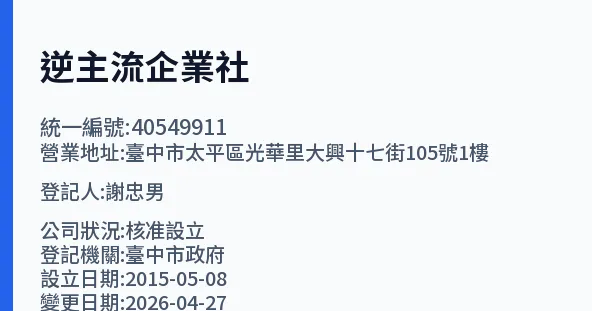 逆主流企業社的照片-統編 40549911(臺中市) 公司登記資料與營業項目詳細圖表