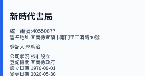 新時代書局的照片-統編 40550677(宜蘭縣) 公司登記資料與營業項目詳細圖表