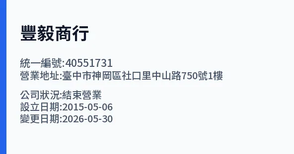 豐毅商行的照片-統編 40551731(臺中市) 公司登記資料與營業項目詳細圖表