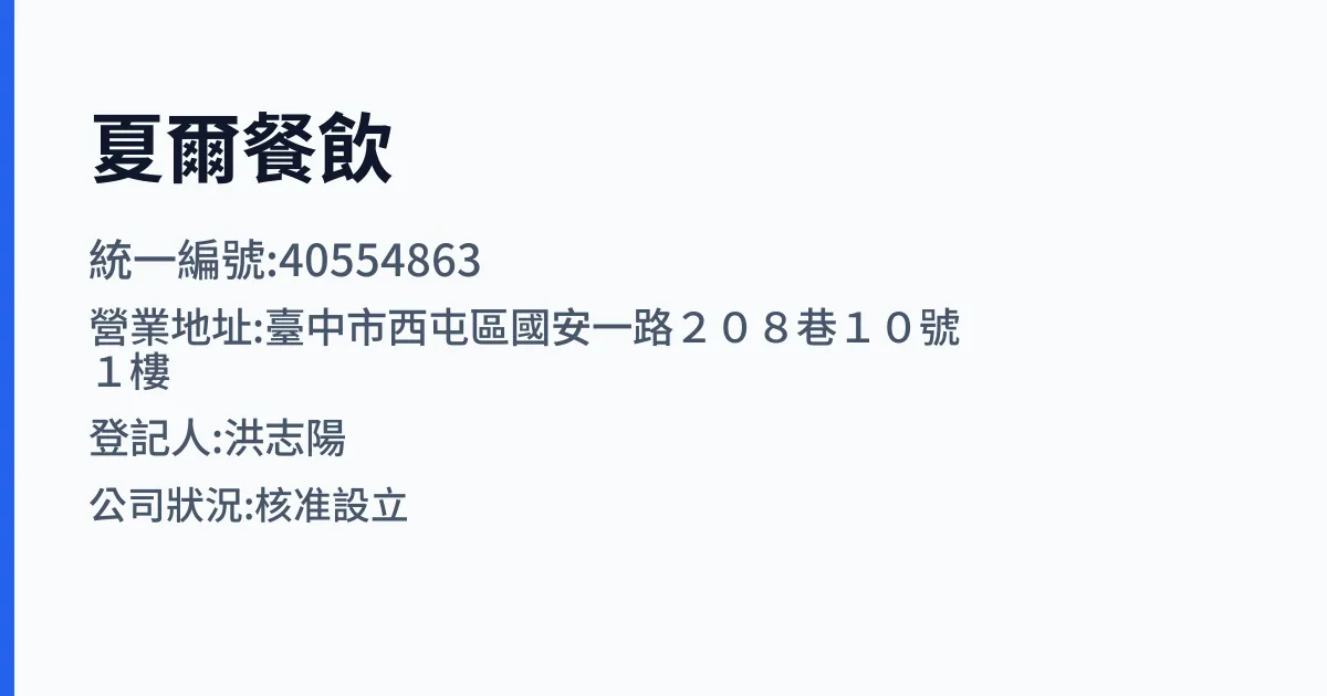 夏爾餐飲 - 統編 40554863(臺中市) 公司登記資料與營業項目詳細圖表