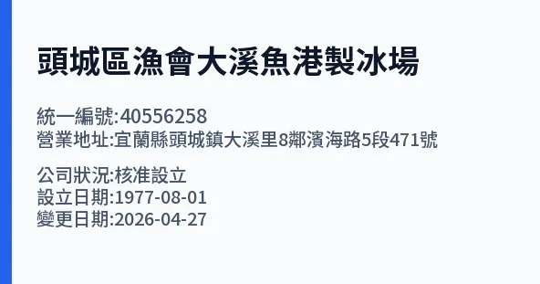 頭城區漁會大溪魚港製冰場的照片-統編 40556258(宜蘭縣) 公司登記資料與營業項目詳細圖表