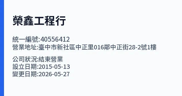 榮鑫工程行的照片-統編 40556412(臺中市) 公司登記資料與營業項目詳細圖表