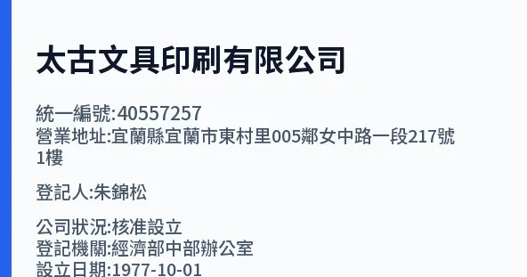 太古文具印刷有限公司的照片-統編 40557257(宜蘭縣) 公司登記資料與營業項目詳細圖表