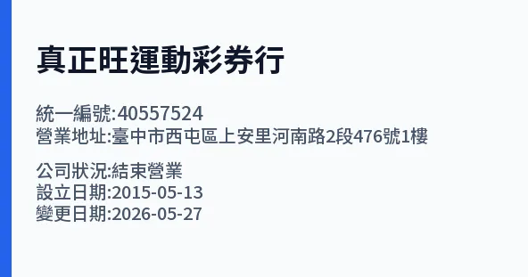 真正旺運動彩券行的照片-統編 40557524(臺中市) 公司登記資料與營業項目詳細圖表