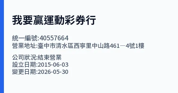 我要贏運動彩券行的照片-統編 40557664(臺中市) 公司登記資料與營業項目詳細圖表