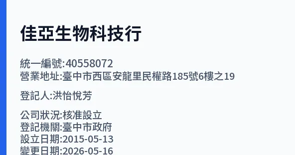 佳亞生物科技行的照片-統編 40558072(臺中市) 公司登記資料與營業項目詳細圖表