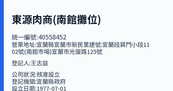 東源肉商(南館攤位)的照片-統編 40558452(宜蘭縣) 公司登記資料與營業項目詳細圖表