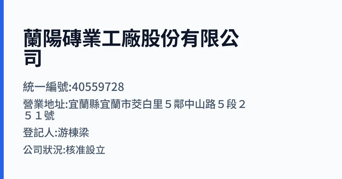 蘭陽磚業工廠股份有限公司 - 統編 40559728(宜蘭縣) 公司登記資料與營業項目詳細圖表