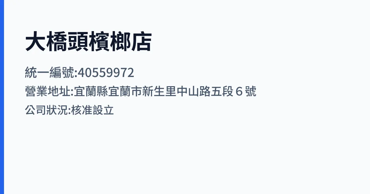 大橋頭檳榔店 - 統編 40559972(宜蘭縣) 公司登記資料與營業項目詳細圖表