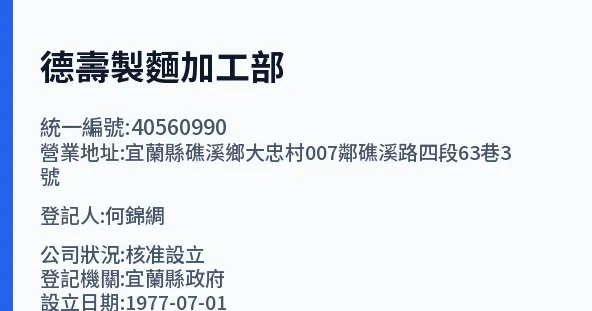 德壽製麵加工部的照片-統編 40560990(宜蘭縣) 公司登記資料與營業項目詳細圖表