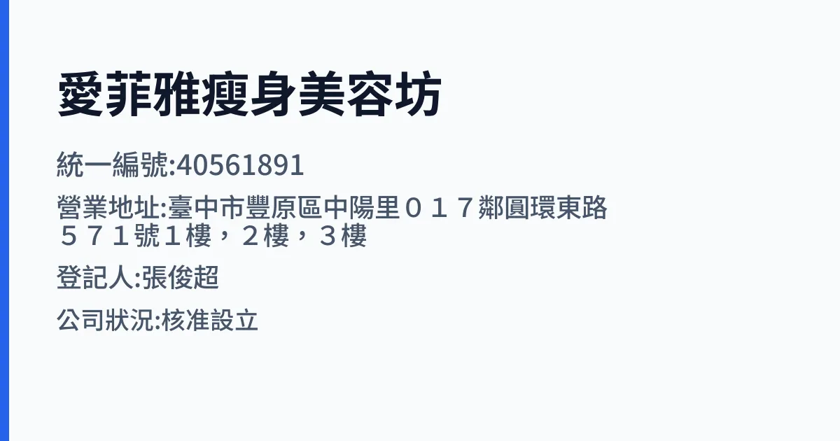 愛菲雅瘦身美容坊 - 統編 40561891(臺中市) 公司登記資料與營業項目詳細圖表
