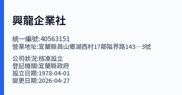 興龍企業社的照片-統編 40563151(宜蘭縣) 公司登記資料與營業項目詳細圖表