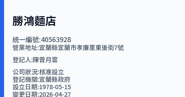 勝鴻麵店的照片-統編 40563928(宜蘭縣) 公司登記資料與營業項目詳細圖表