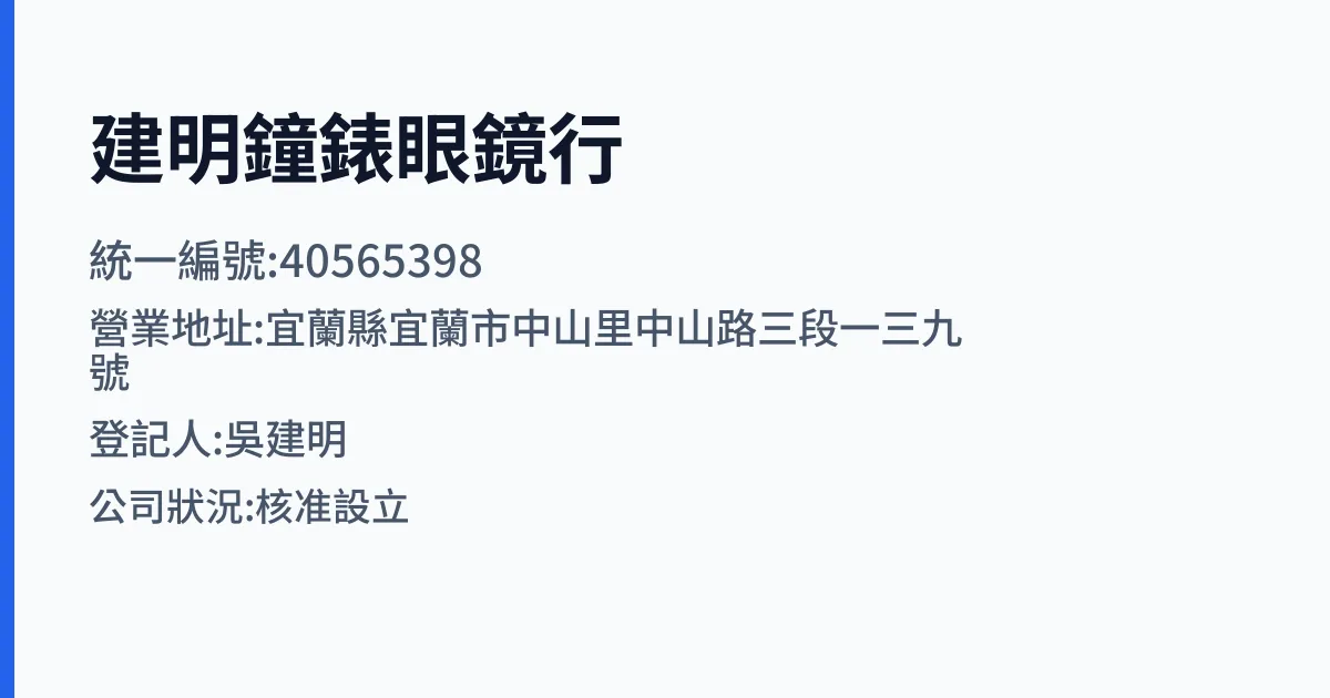 建明鐘錶眼鏡行 - 統編 40565398(宜蘭縣) 公司登記資料與營業項目詳細圖表