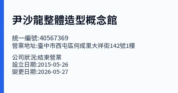 尹沙龍整體造型概念館的照片-統編 40567369(臺中市) 公司登記資料與營業項目詳細圖表