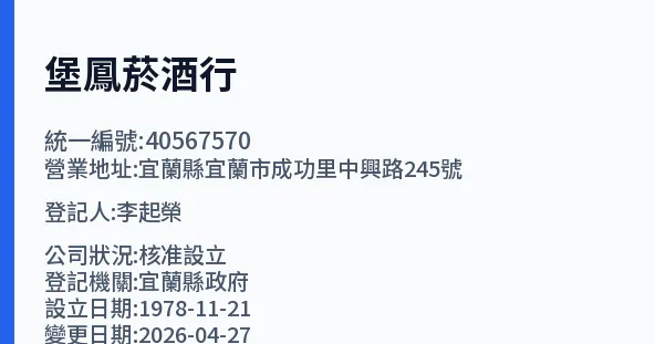 堡鳳菸酒行的照片-統編 40567570(宜蘭縣) 公司登記資料與營業項目詳細圖表
