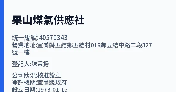 果山煤氣供應社的照片-統編 40570343(宜蘭縣) 公司登記資料與營業項目詳細圖表