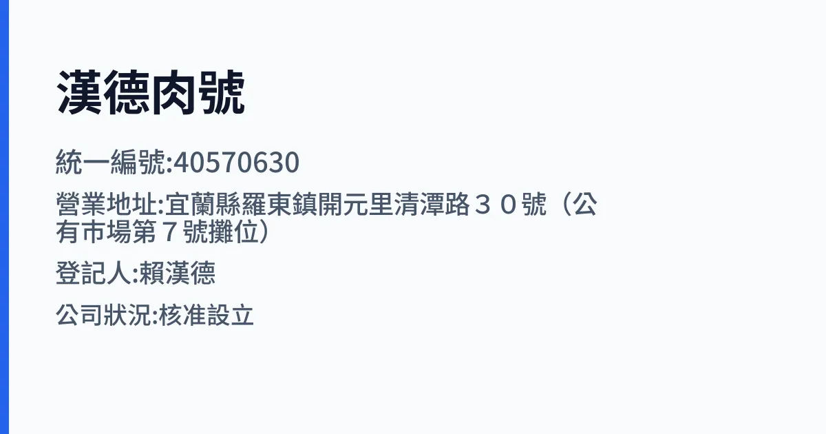 漢德肉號 - 統編 40570630(宜蘭縣) 公司登記資料與營業項目詳細圖表