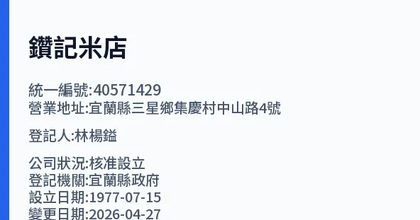 鑽記米店的照片-統編 40571429(宜蘭縣) 公司登記資料與營業項目詳細圖表
