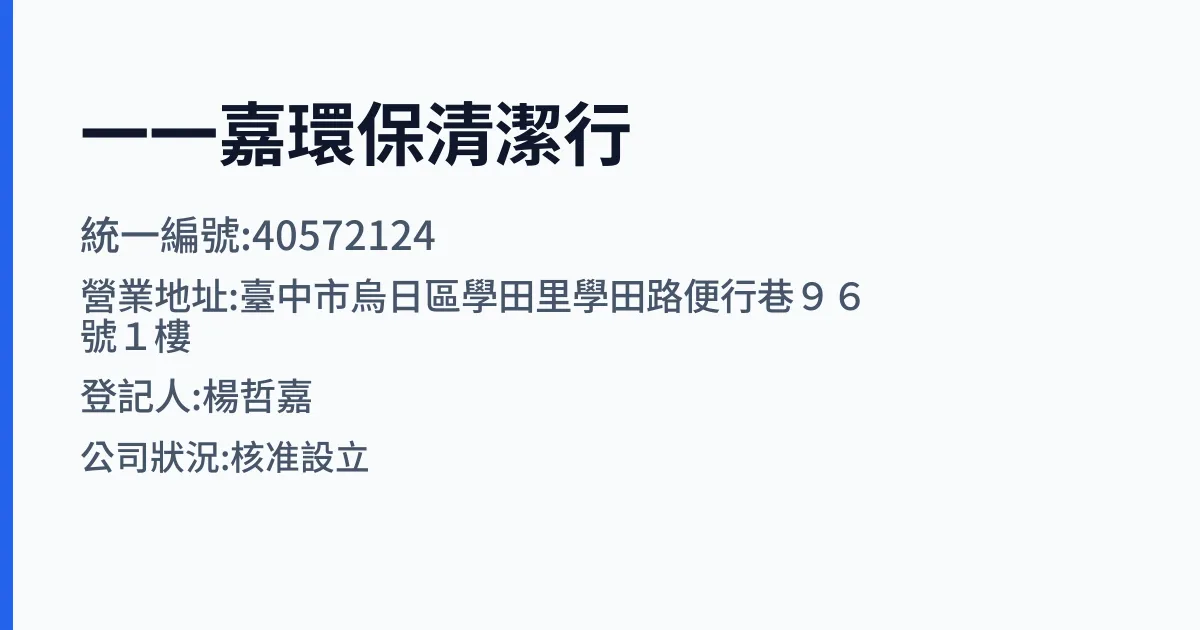 一一嘉環保清潔行 - 統編 40572124(臺中市) 公司登記資料與營業項目詳細圖表