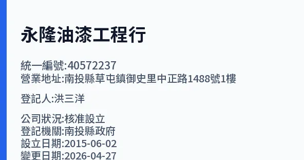 永隆油漆工程行的照片-統編 40572237(南投縣) 公司登記資料與營業項目詳細圖表