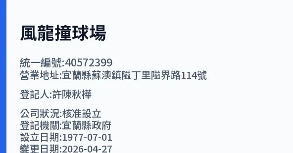 風龍撞球場的照片-統編 40572399(宜蘭縣) 公司登記資料與營業項目詳細圖表