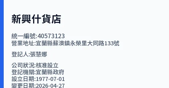 新興什貨店的照片-統編 40573123(宜蘭縣) 公司登記資料與營業項目詳細圖表