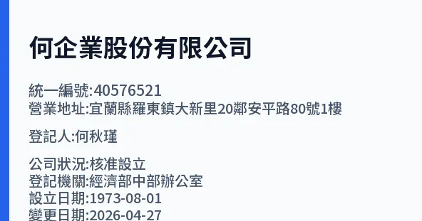 何企業股份有限公司的照片-統編 40576521(宜蘭縣) 公司登記資料與營業項目詳細圖表