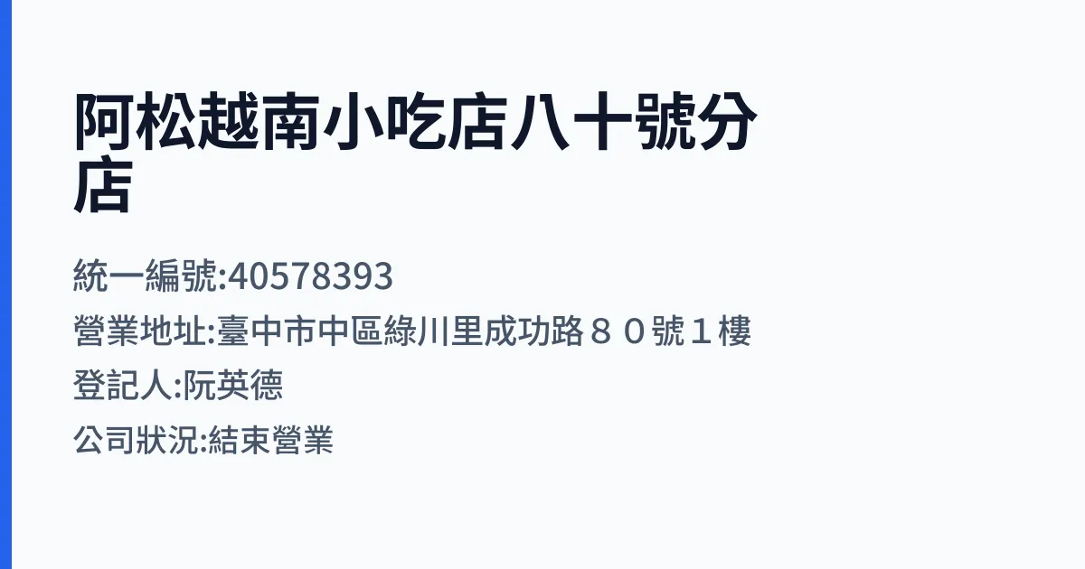 阿松越南小吃店八十號分店 - 統編 40578393(臺中市) 公司登記資料與營業項目詳細圖表