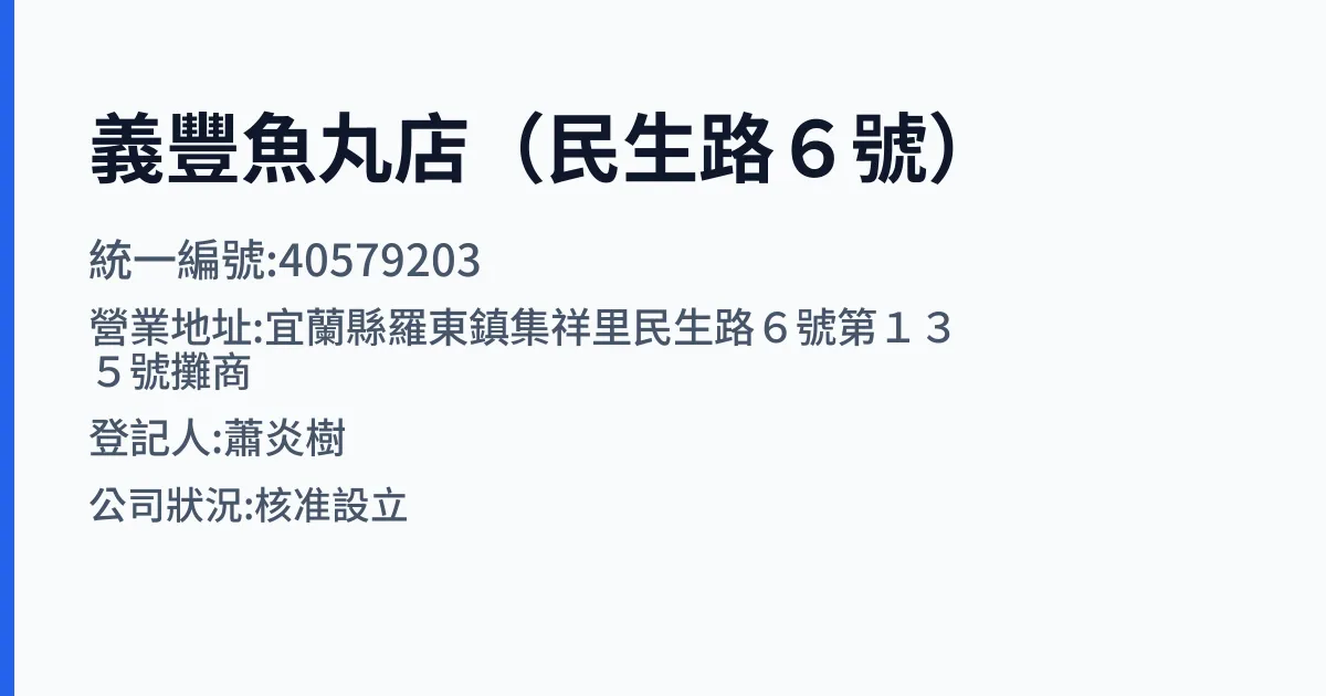 義豐魚丸店(民生路6號) - 統編 40579203(宜蘭縣) 公司登記資料與營業項目詳細圖表