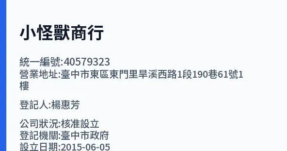 小怪獸商行的照片-統編 40579323(臺中市) 公司登記資料與營業項目詳細圖表