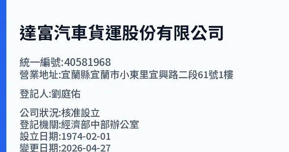 達富汽車貨運股份有限公司的照片-統編 40581968(宜蘭縣) 公司登記資料與營業項目詳細圖表