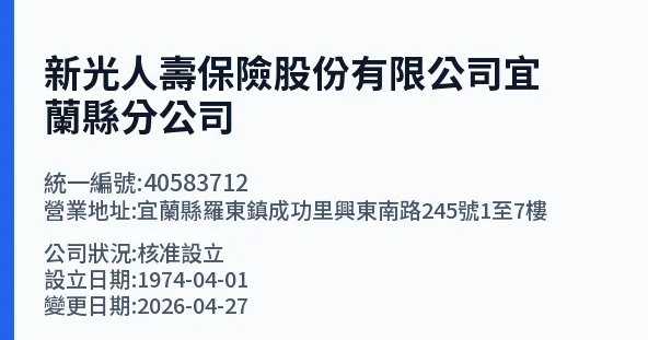 新光人壽保險股份有限公司宜蘭縣分公司的照片-統編 40583712(宜蘭縣) 公司登記資料與營業項目詳細圖表