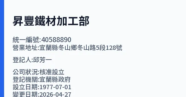 昇豐鐵材加工部的照片-統編 40588890(宜蘭縣) 公司登記資料與營業項目詳細圖表