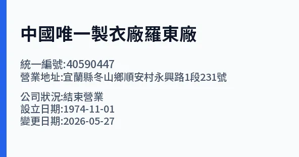 中國唯一製衣廠羅東廠的照片-統編 40590447(宜蘭縣) 公司登記資料與營業項目詳細圖表