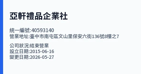 亞軒禮品企業社的照片-統編 40593140(臺中市) 公司登記資料與營業項目詳細圖表
