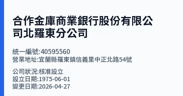 合作金庫商業銀行股份有限公司北羅東分公司的照片-統編 40595560(宜蘭縣) 公司登記資料與營業項目詳細圖表