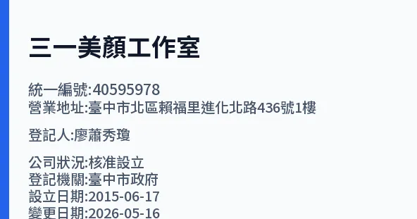 三一美顏工作室的照片-統編 40595978(臺中市) 公司登記資料與營業項目詳細圖表