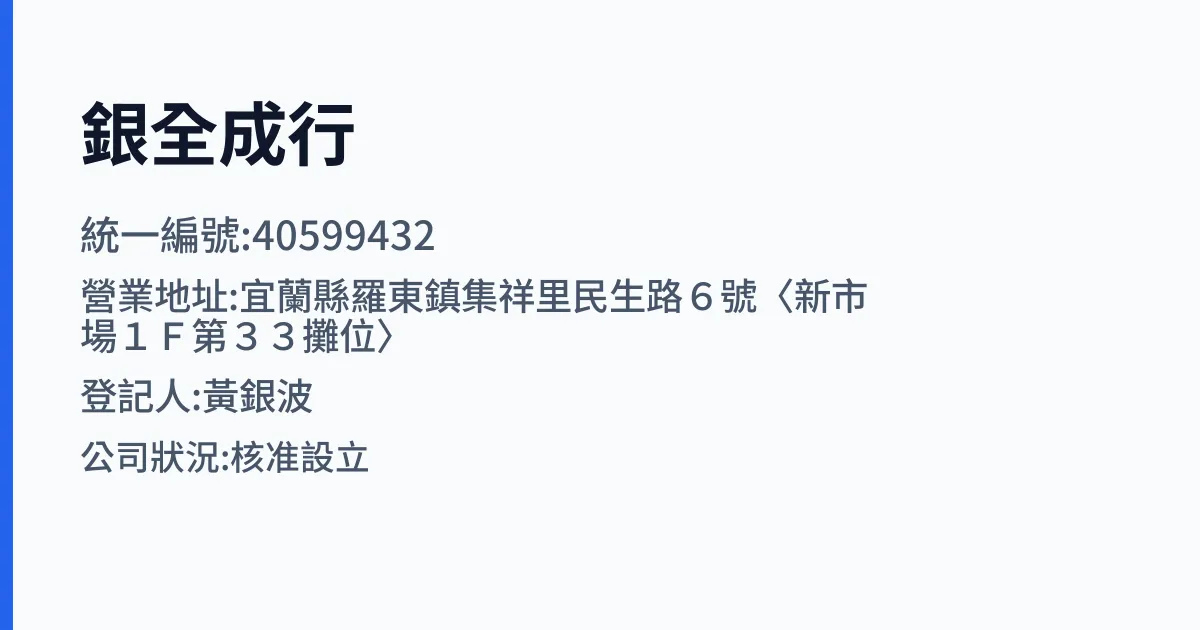 銀全成行 - 統編 40599432(宜蘭縣) 公司登記資料與營業項目詳細圖表
