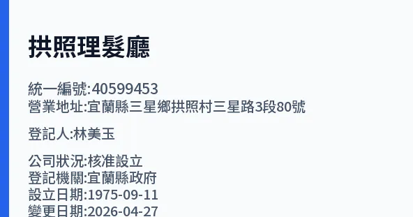 拱照理髮廳的照片-統編 40599453(宜蘭縣) 公司登記資料與營業項目詳細圖表