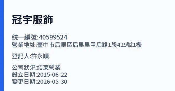 冠宇服飾的照片-統編 40599524(臺中市) 公司登記資料與營業項目詳細圖表