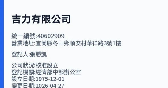吉力有限公司的照片-統編 40602909(宜蘭縣) 公司登記資料與營業項目詳細圖表