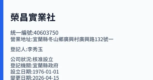 榮昌實業社的照片-統編 40603750(宜蘭縣) 公司登記資料與營業項目詳細圖表