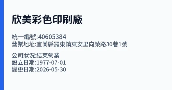 欣美彩色印刷廠的照片-統編 40605384(宜蘭縣) 公司登記資料與營業項目詳細圖表