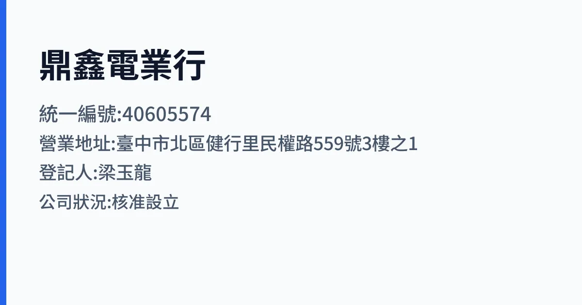 鼎鑫電業行 - 統編 40605574(臺中市) 公司登記資料與營業項目詳細圖表