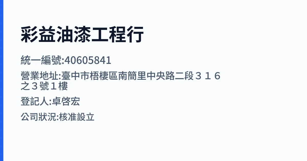 彩益油漆工程行 - 統編 40605841(臺中市) 公司登記資料與營業項目詳細圖表
