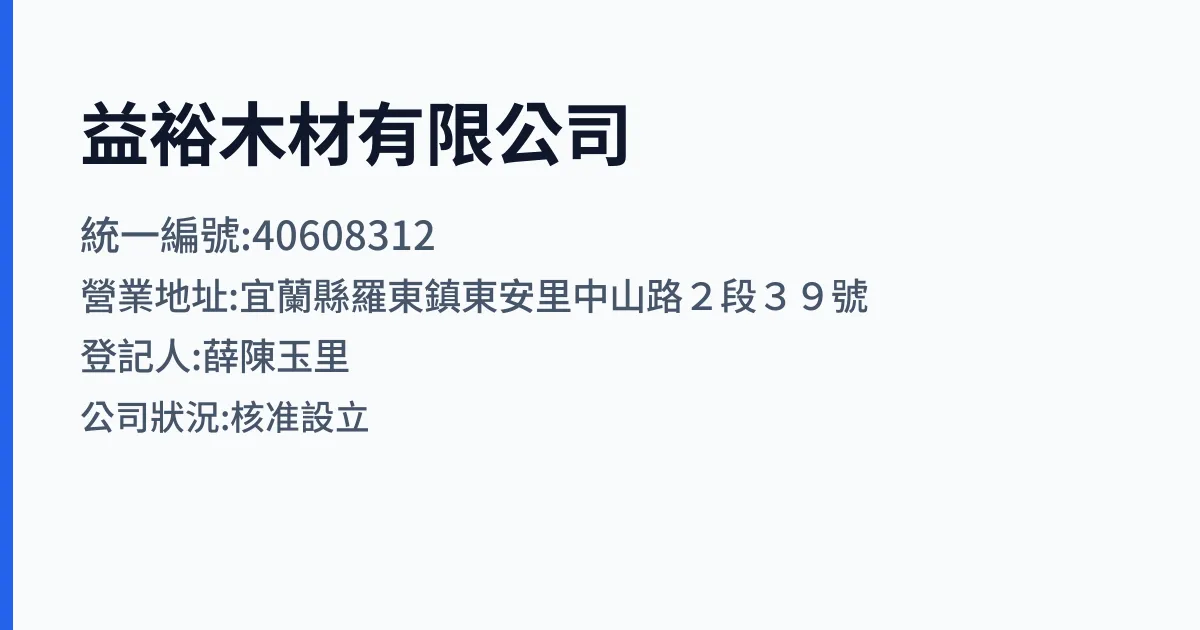 益裕木材有限公司 - 統編 40608312(宜蘭縣) 公司登記資料與營業項目詳細圖表
